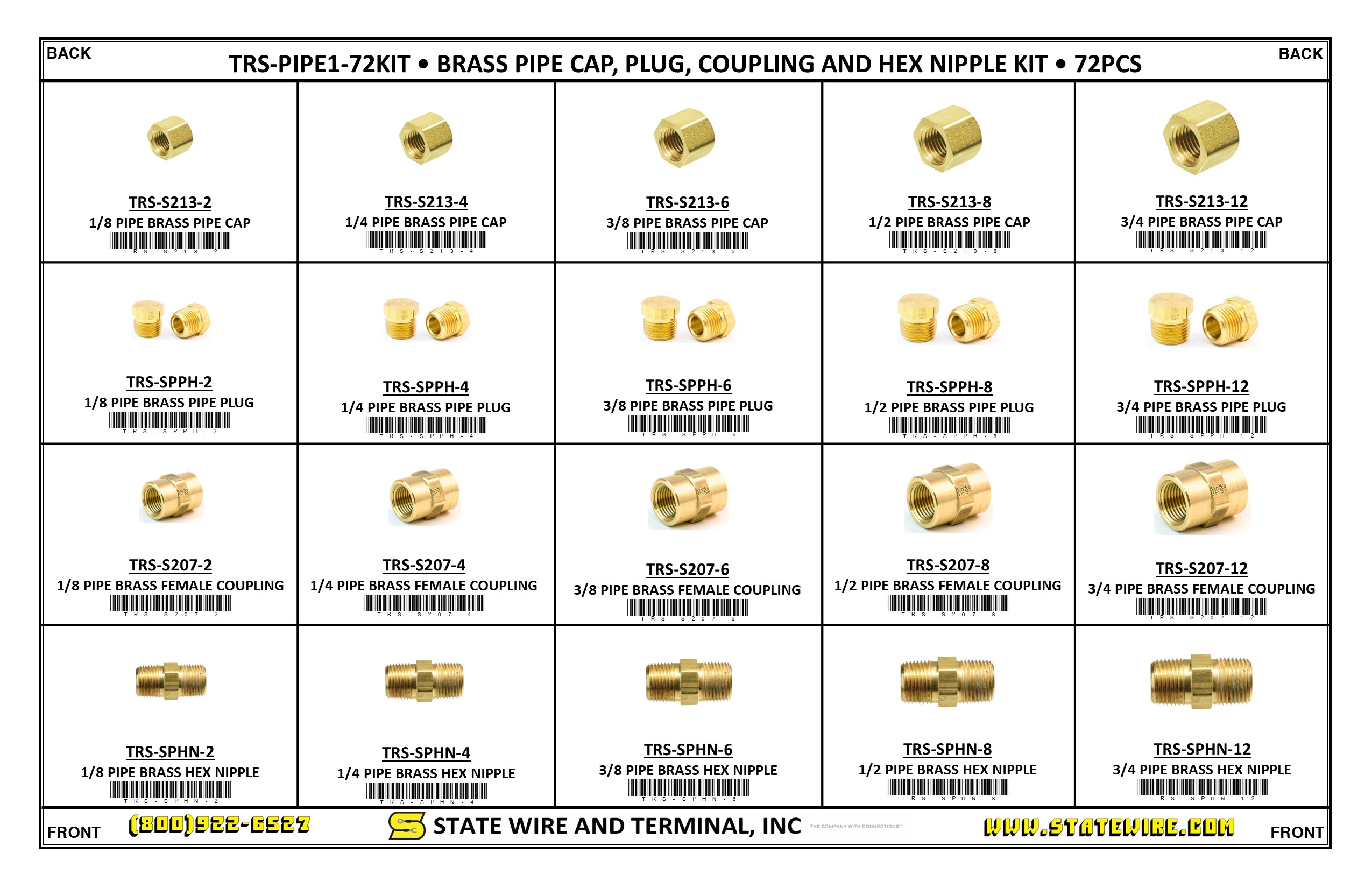 Brass Pipe Cap, Plug, Coupling, and Hex Nipple Kit – 72 pieces | State Wire