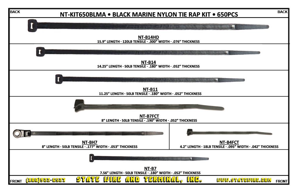 Black Marine Nylon Tie Rap 650 Piece Kit | State Wire